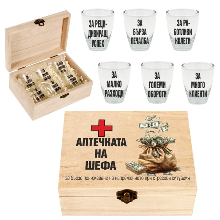 Кутия АПТЕЧКАТА НА ШЕФА - с 6 шота в дървена кутия | Apteka24.bg